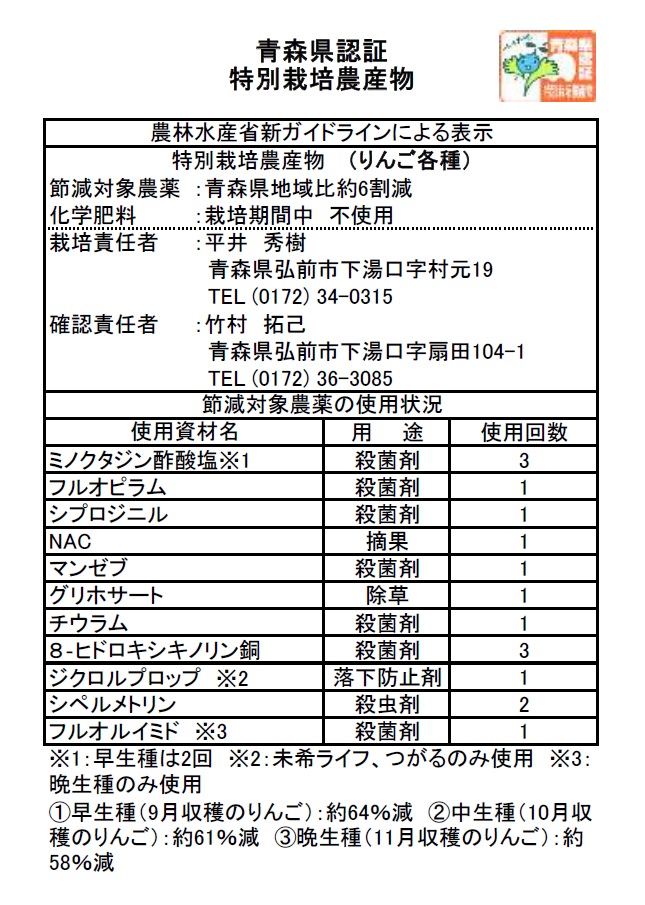 G Call 青森県特別栽培農産物認証2020